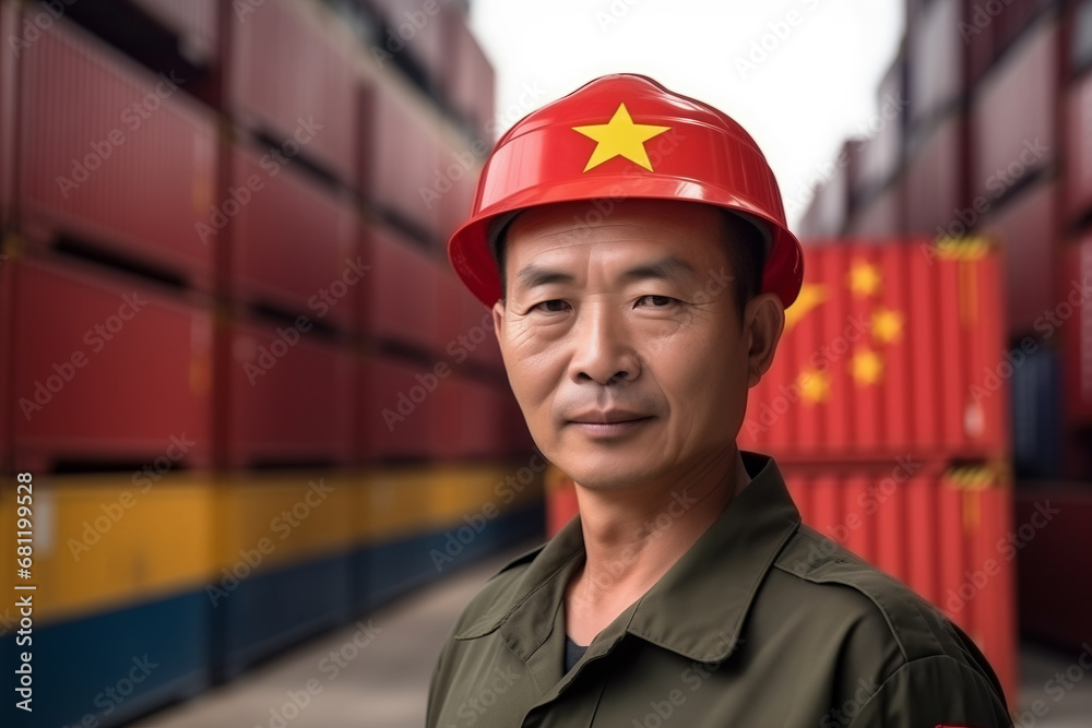 Portrait chinese worker young man in uniform working on cargo warehouse ...