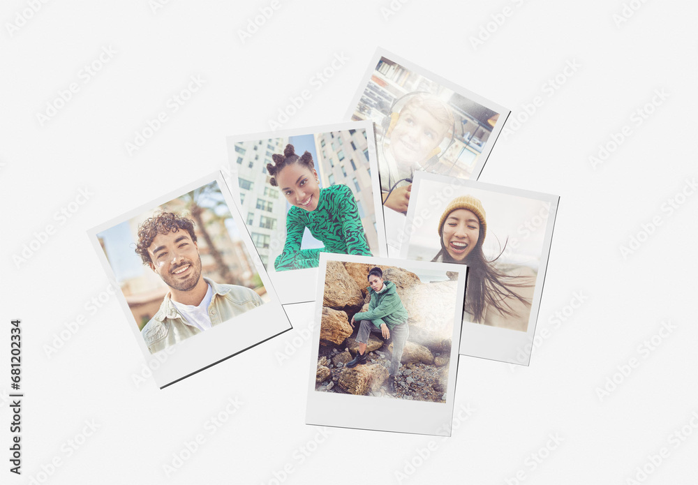 Mockup of five customizable instant camera prints with plain and ...