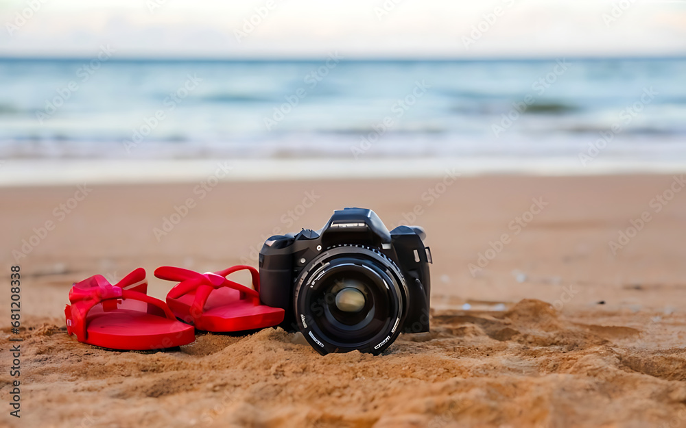Camera with lens lying a towel on the sand at the beach, standing ...