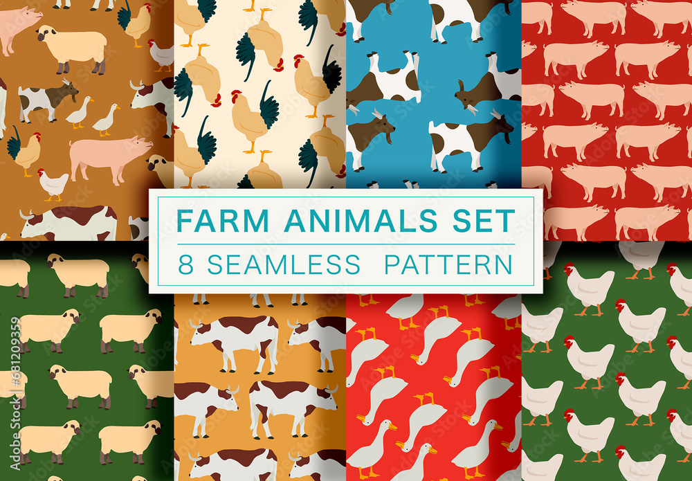Mockup of 8 customizable repeatable patterns, farm animals Stock ...