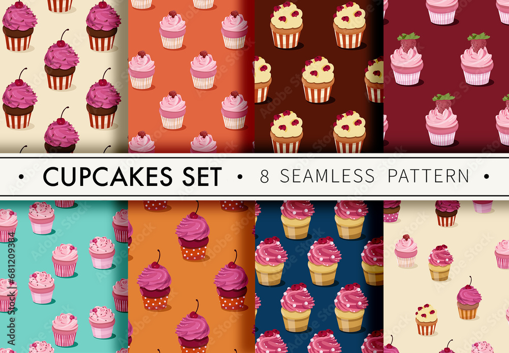 Mockup of 8 customizable repeatable patterns, cupcakes Stock Template ...