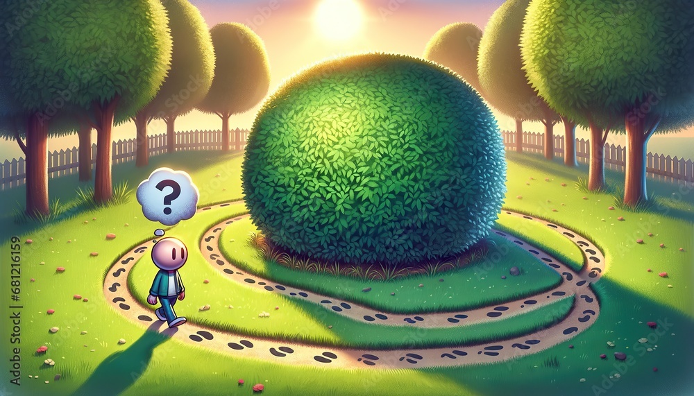 Beat around the bush. Person wandering in circles around a lush bush ...