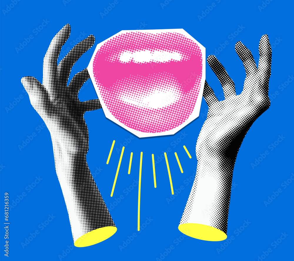 Modern collage with screaming halftone mouth and hands. Pop art style ...
