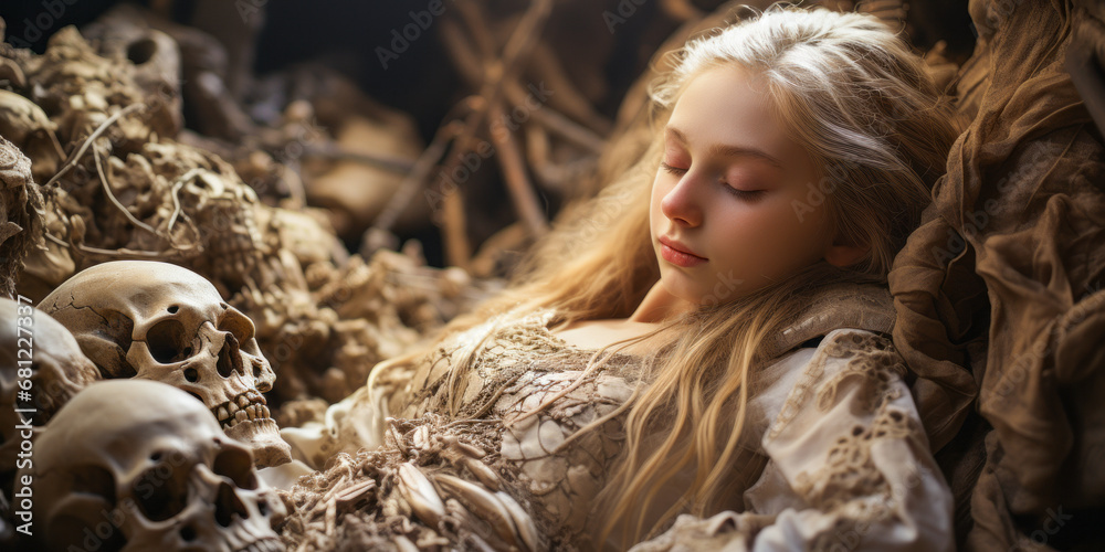 Photo & Art Print Young woman asleep amidst eerie skeletons and ...