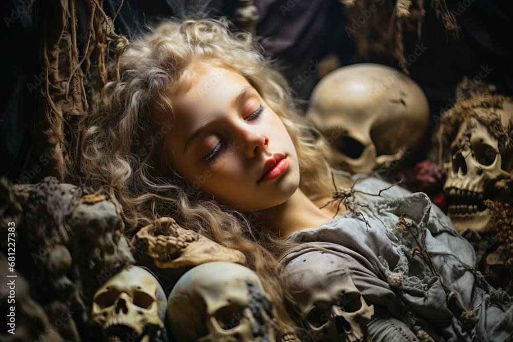 Young woman asleep amongst terrifying skeletons and macabre items ...
