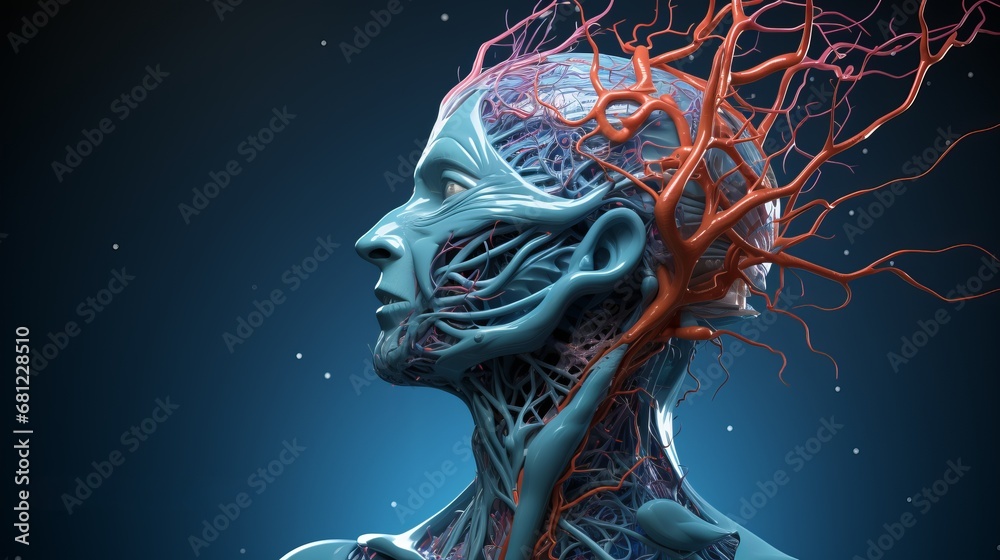 Human nanoprofile with a network of neurons and blood vessels, Concept ...