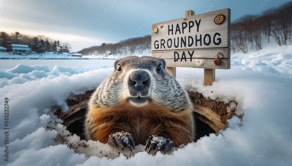 Groundhog Day Surprise: Furry Friend Emerges from Icy Burrow with Festive Greetings Stock Photo ...