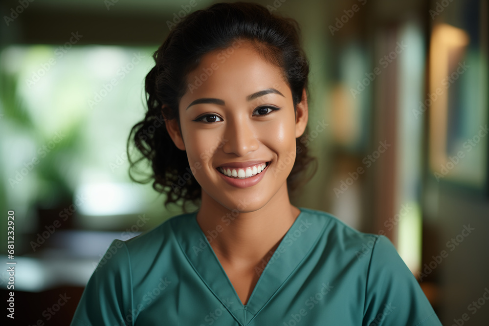 female asian filipina nurse smiling into the camera. professional ...