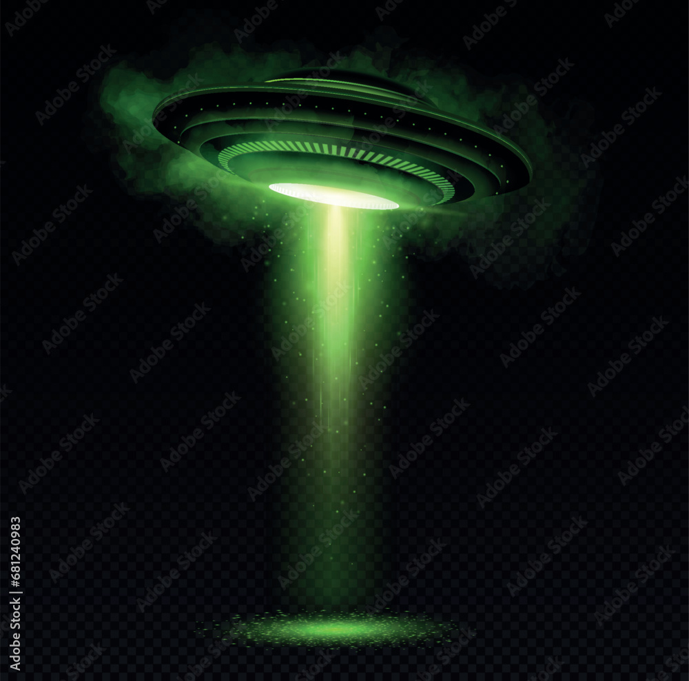 Realistic green UFO. Flying saucer emits ray of convolution from sky to ...