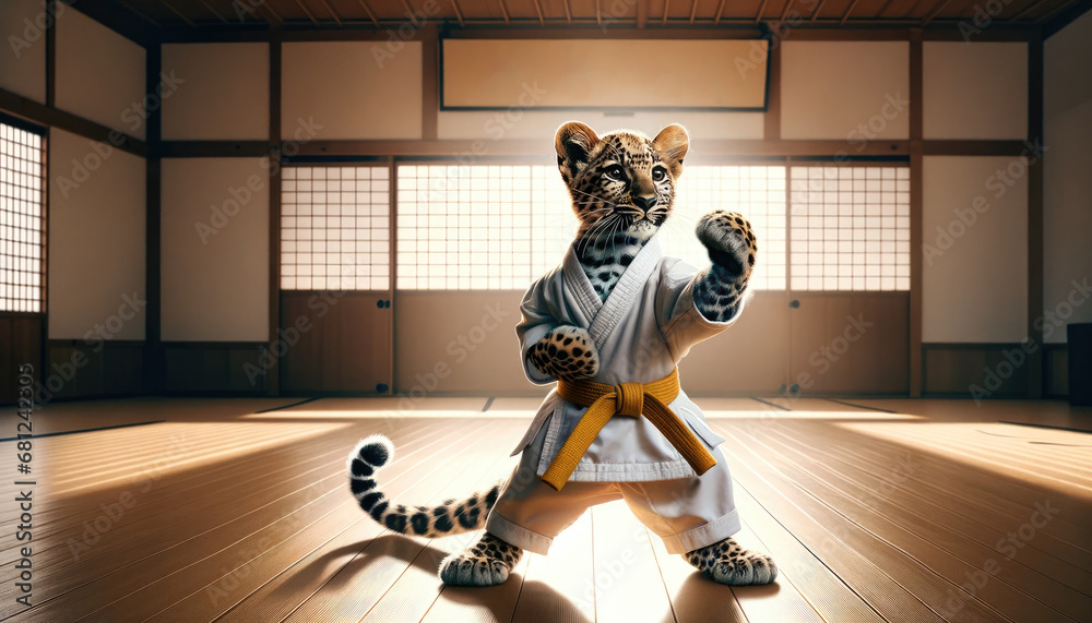 A leopard stands in a karate pose wearing a gi and yellow belt in a ...