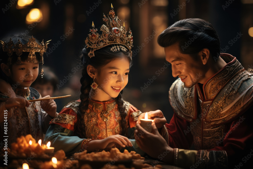 A family attending a Peking opera performance, immersing themselves in ...