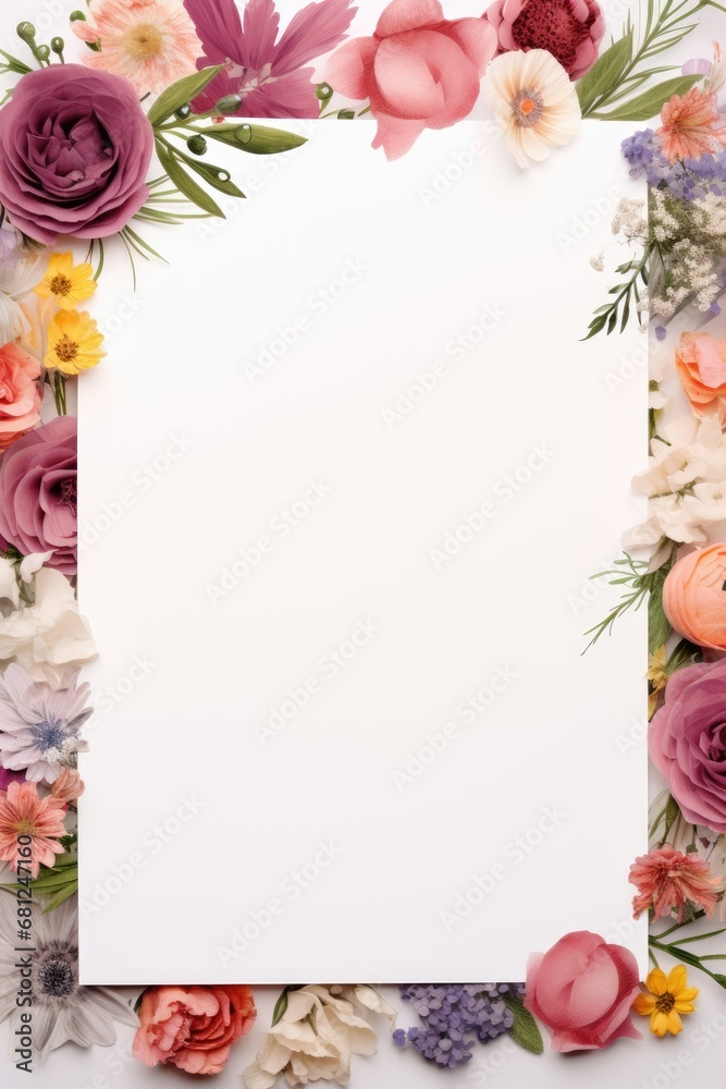 Colorful flower border with large blank space for cards or invites ...