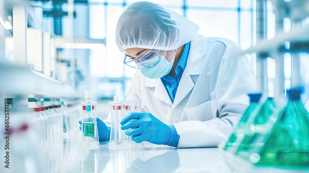 Scientist in a chemistry lab with flasks and other labware. Research ...