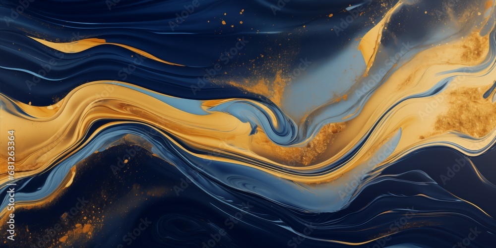 Abstract Artistic Setting: Deep Blue and Gold Color Paint Splashed ...
