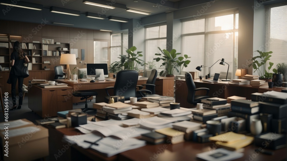Woman in office full of desks, chairs and books everywhere, with ...