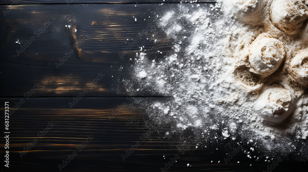 Flour spilling on black wooden background. Fresh bread on black ...