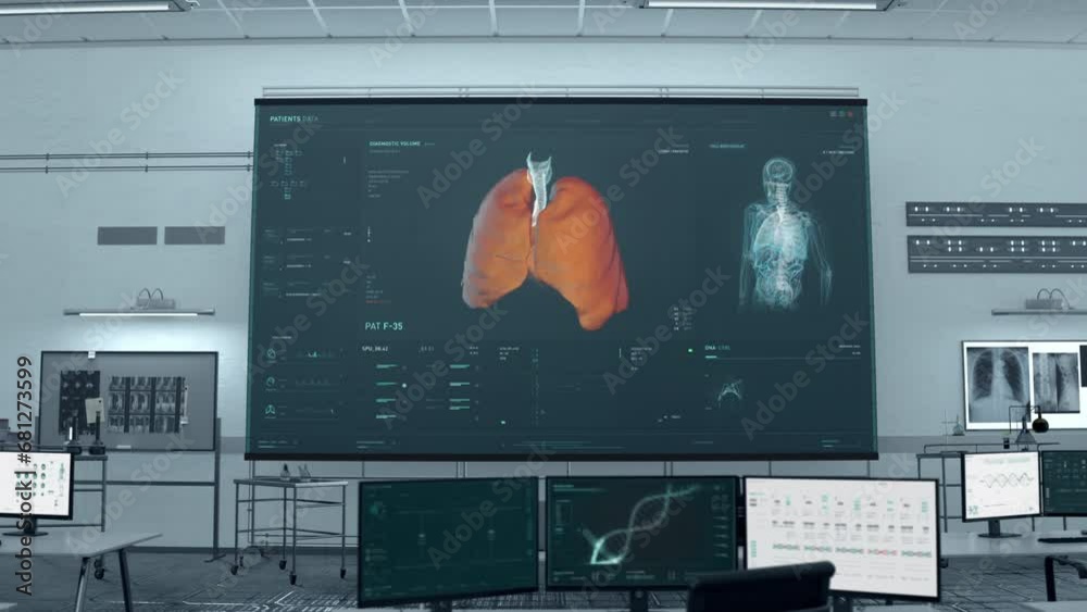 Futuristic anatomical scanner diagnosing the patients organs at the lab ...