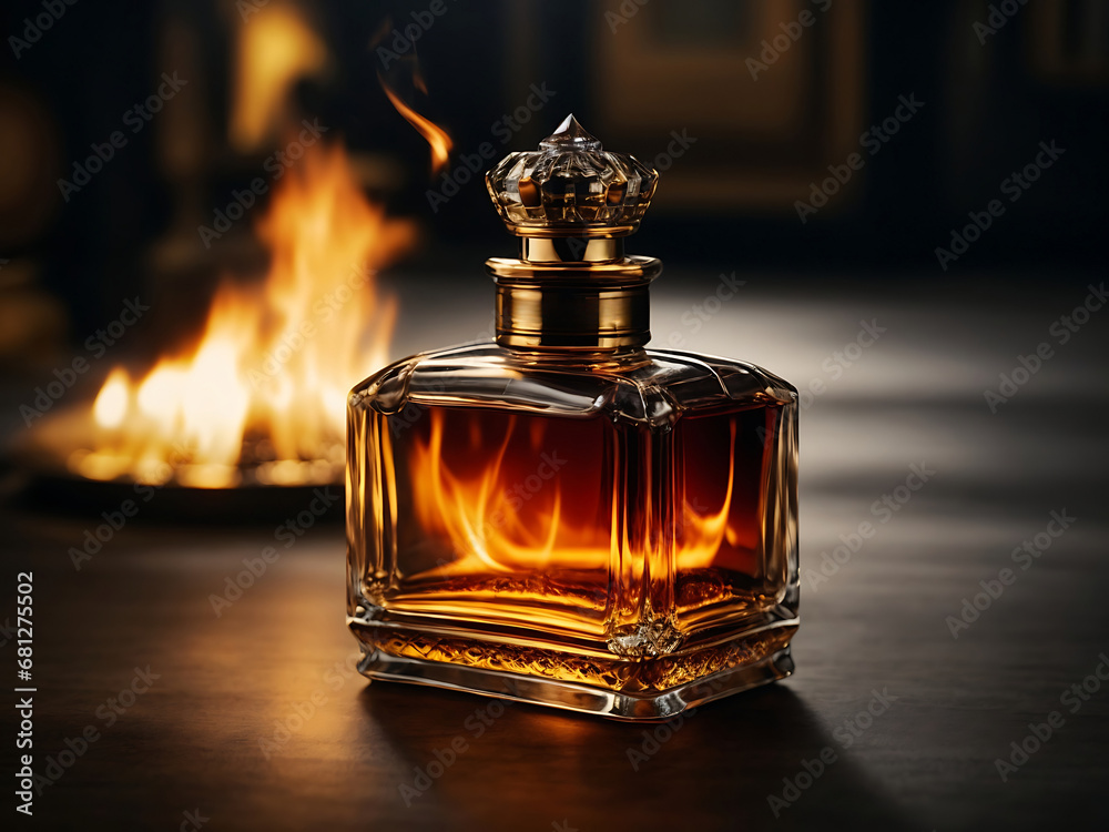 Flame perfume bottle with fire background Woody perfume emitting smoke ...