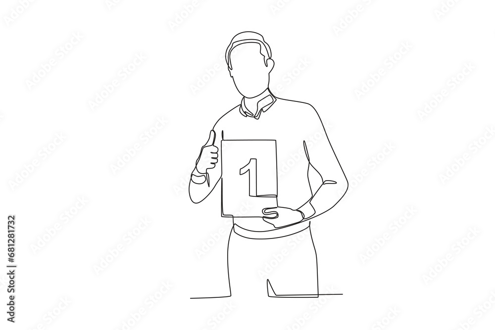 Continuous one line drawing the best male employee is holding a ...