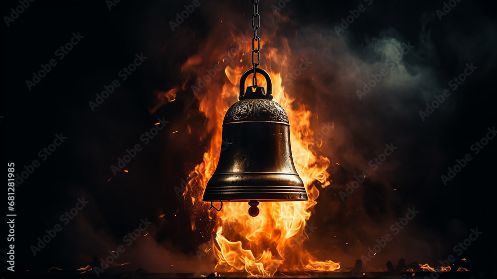 fire alarm, big bell on a black background in clouds of smoke and ...