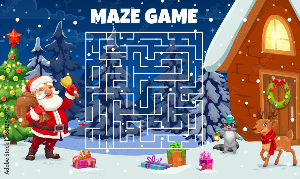 Christmas labyrinth maze. Kids vector worksheet, board game help Santa ...
