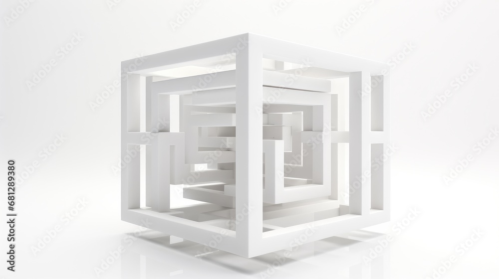 geometric hollow cube shifting its perspective located on a pure white ...