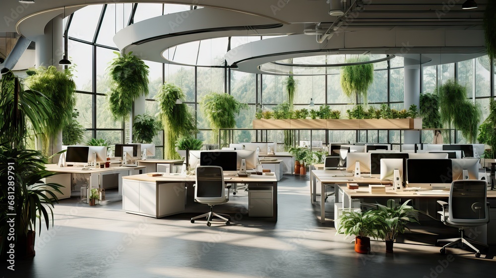 A modern office, with ergonomic spaces and many plants, to provide ...