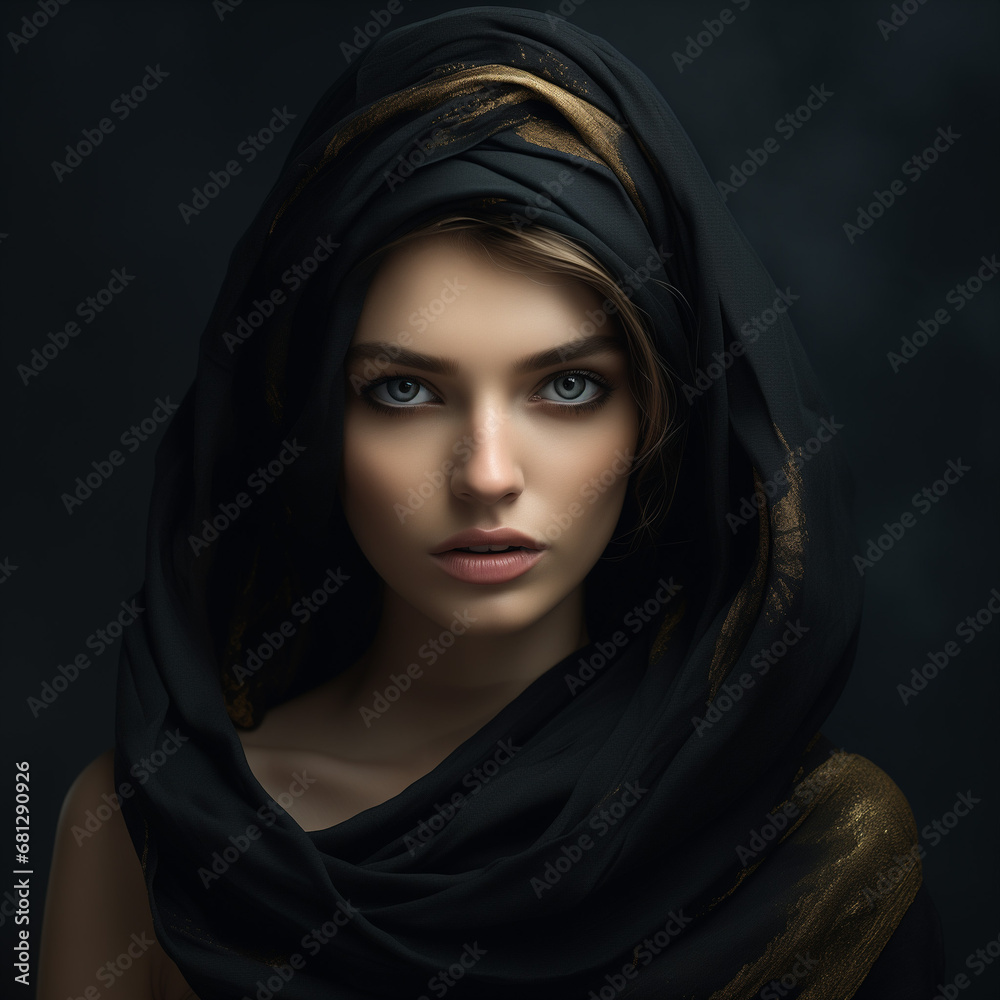 Captivating portrait of an elegant Arab woman in a stylish black head ...