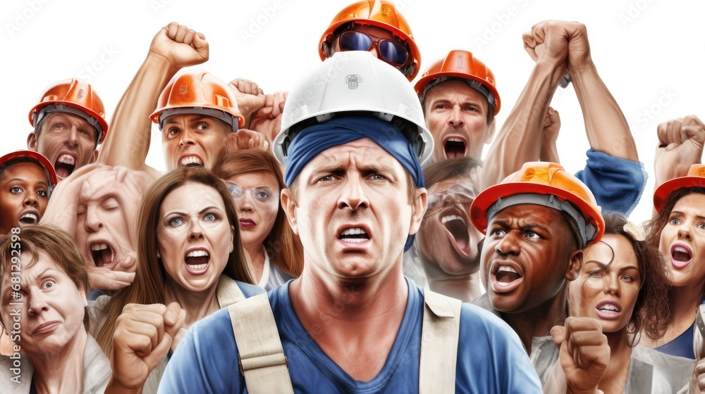 a horizontal format of angry workers on strike in a Labor-themed ...