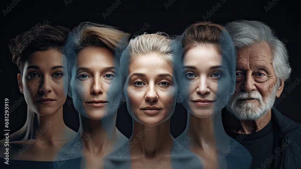 a horizontal format of Faces of aging men and women in a Health-themed ...