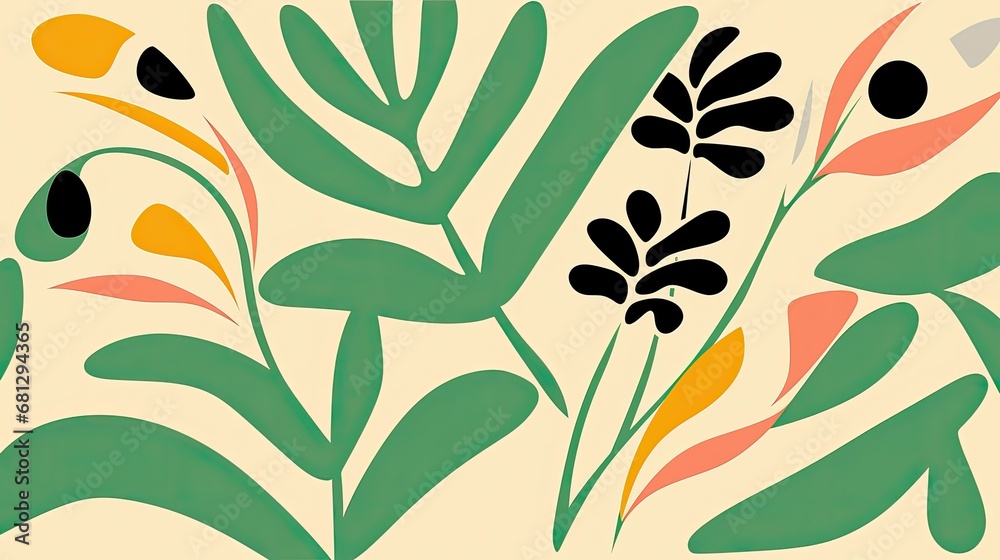 a horizontal format of Abstract leaf and flower shapes on a light ...