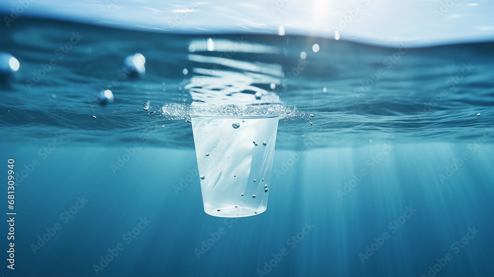 plastic cup floating underwater in the ocean sea pollution by garbage ...