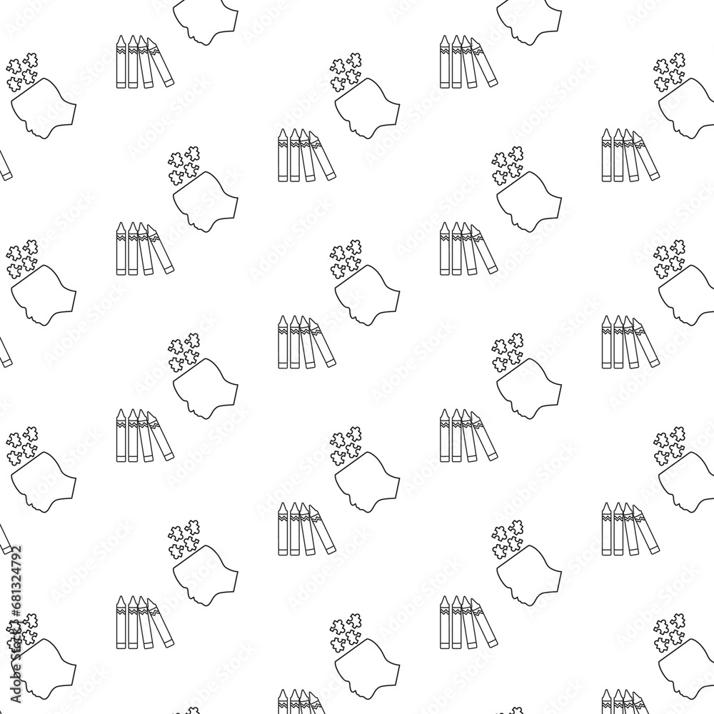 Digital png illustration of rows of heads with puzzles and crayons on ...