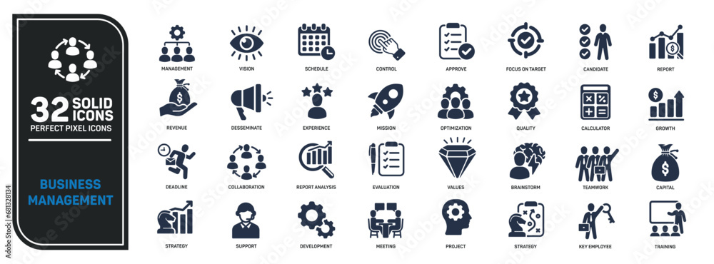 Business management solid icons collection. Containing strategy ...