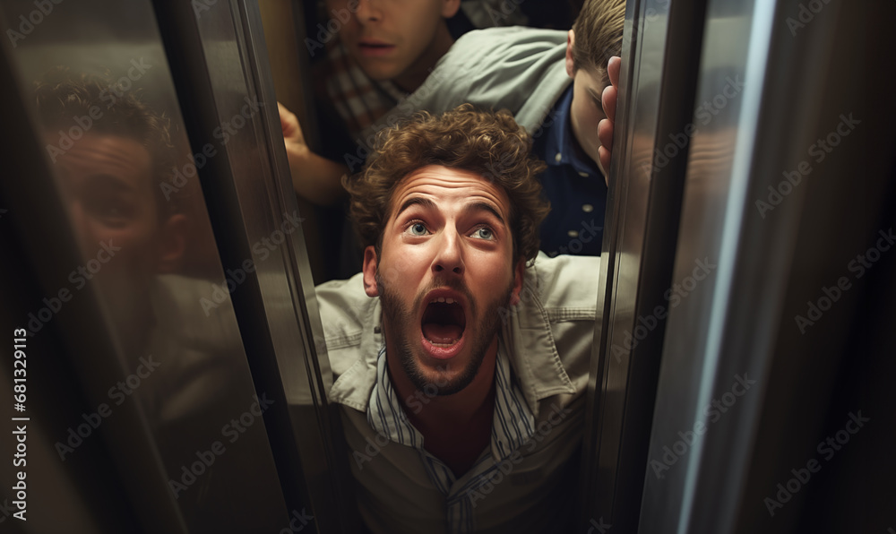 Scared men stuck in an elevator full of people, feeling claustrophobic ...