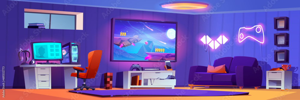 Gamer room interior design. Vector cartoon illustration of desktop ...