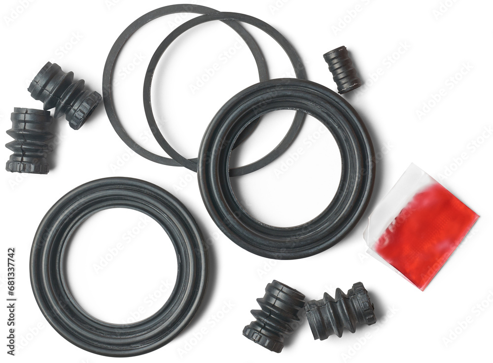 close-up of new brake caliper pin piston boots with seal and grease ...