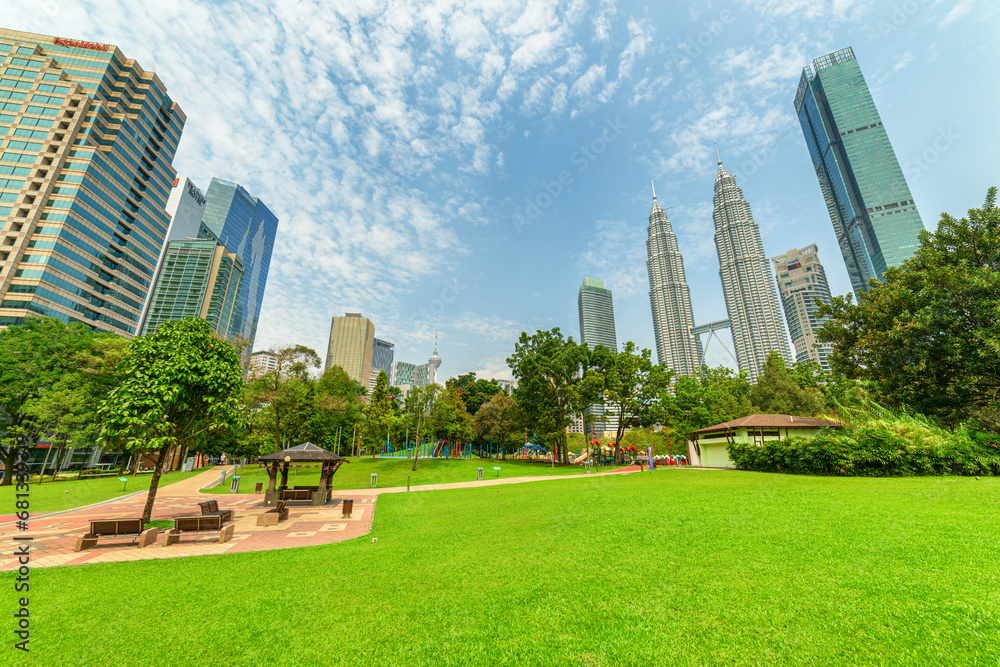 Awesome view of the KLCC Park and Petronas Twin Towers Stock Photo ...