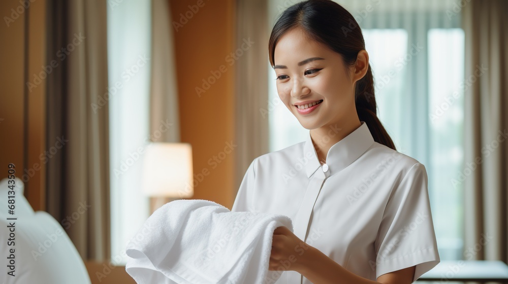 Thai female maid in a hotel housemaid uniform to make the bed in hotel ...
