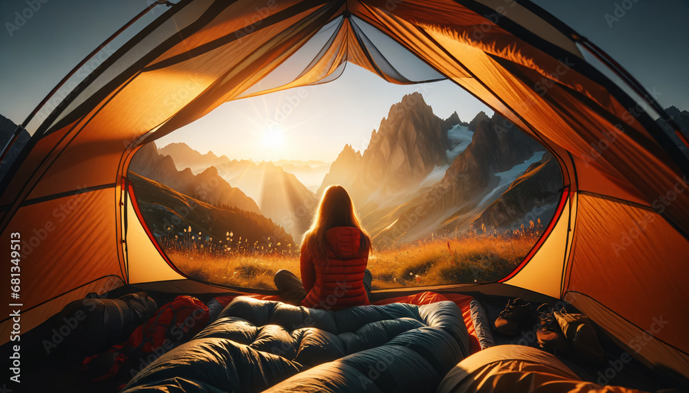 Woman in red jacket sits inside a tent at sunrise, facing majestic ...