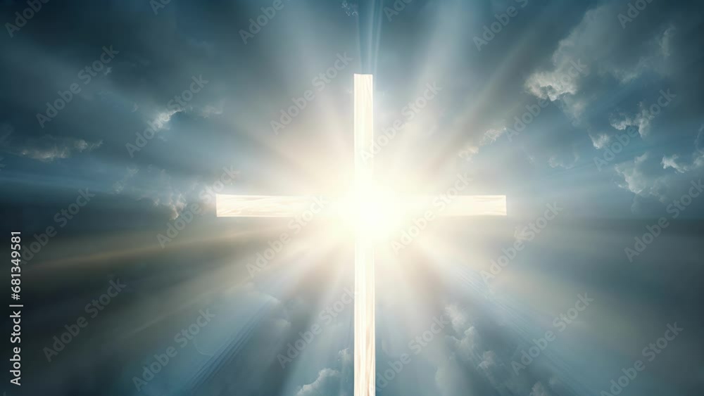 Concept photo of a cross made of light, radiating beams of brightness ...