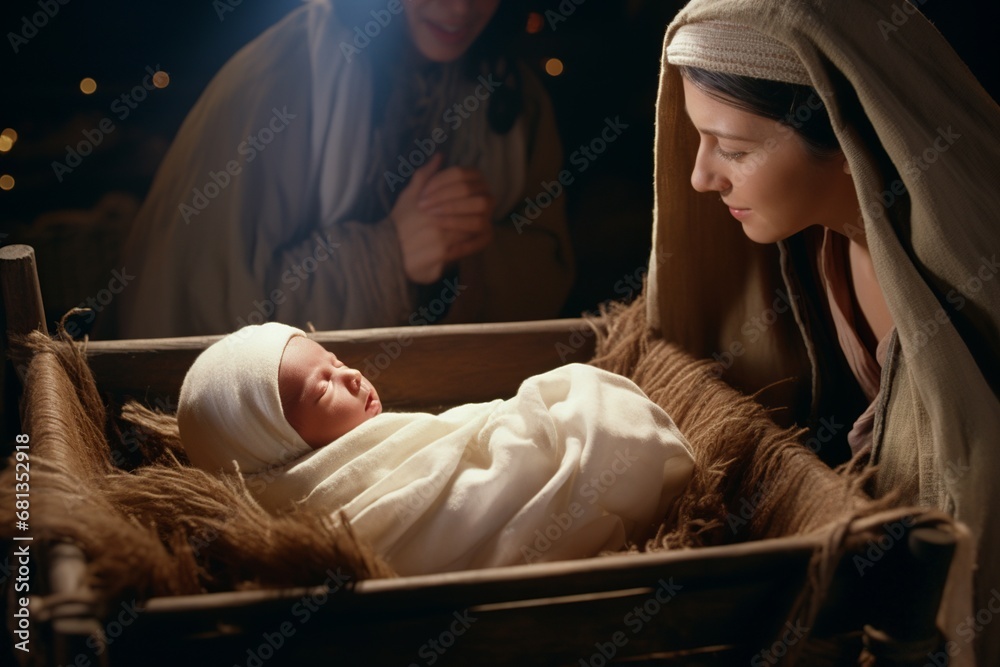 The Virgin Mary with the newborn baby Jesus Christ birth in a manger in ...