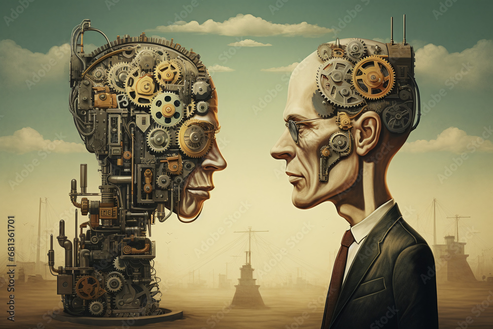 Surreal Illustration of Human-Machine Fusion in Futuristic Desert Stock ...