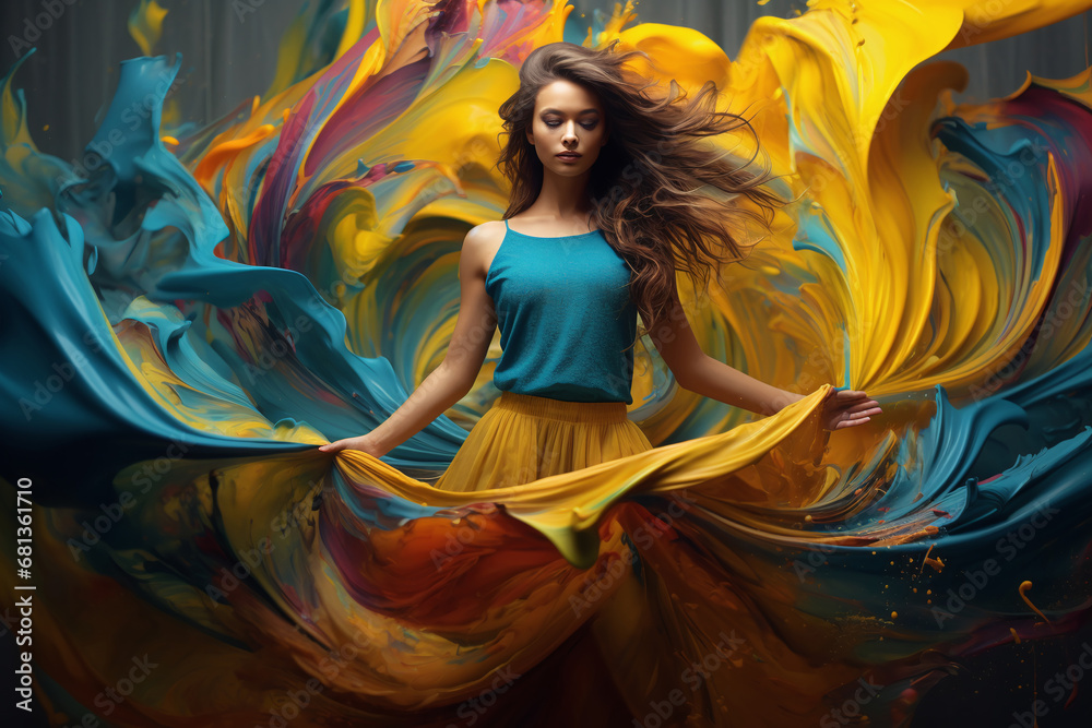 Woman Dancing with Splashes of Yellow and Blue, Inspired by Ukraine's ...