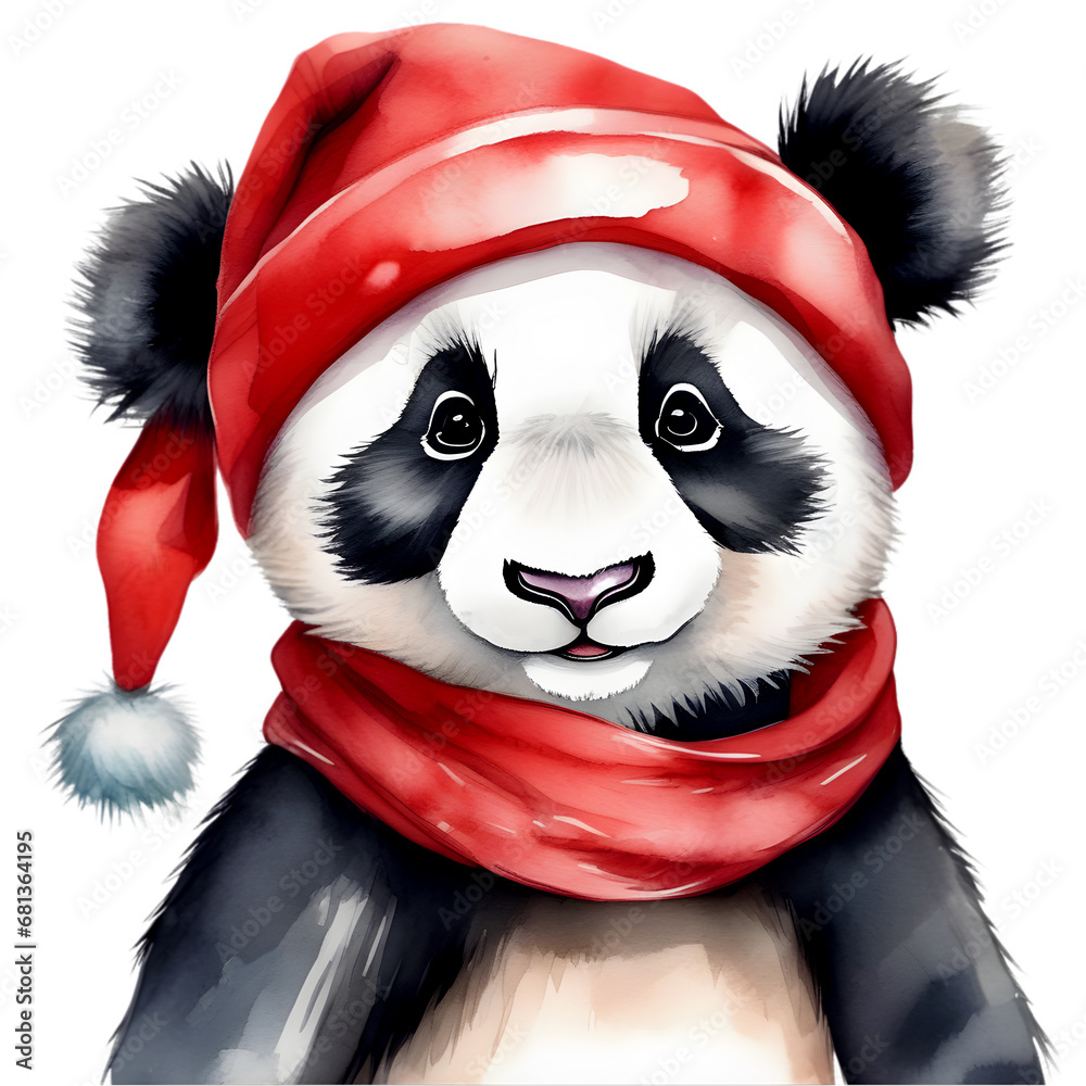Watercolor Christmas cute panda Clipart, cute panda wearing a Christmas ...