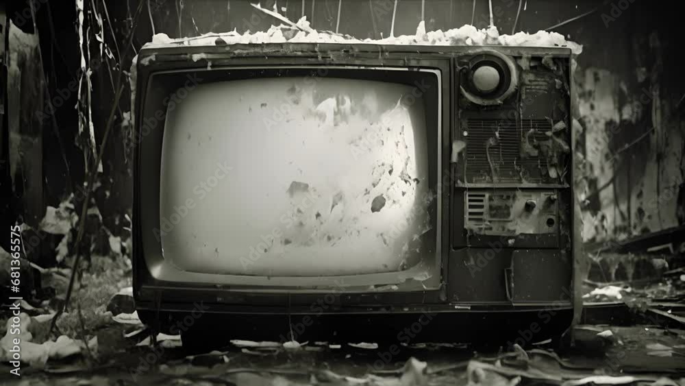 A large bulky blackandwhite television set with a huge broken glass ...