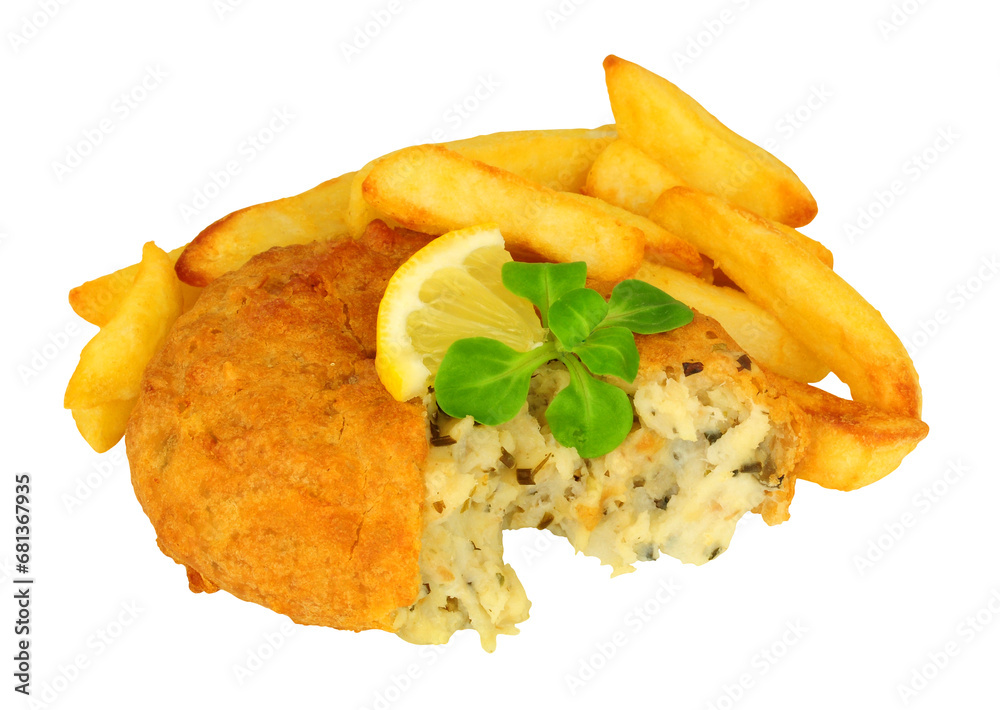 Battered fish and potato fish cakes and chips with lambs leaf lettuce ...