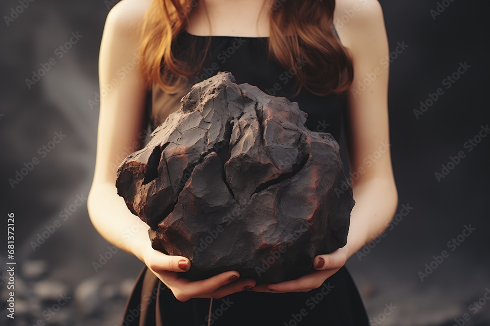 A brown-haired person holding a heavy rock. Burden. Heaviness. A clay ...