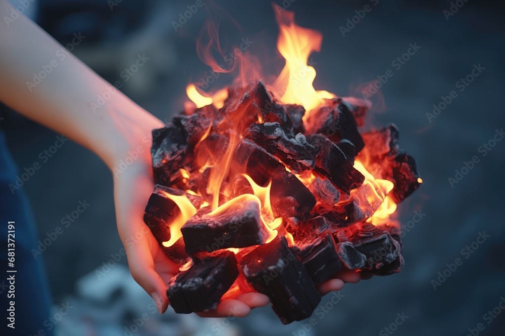 Red-hot burning charcoal. Scorching coal. High temperature. Flames ...