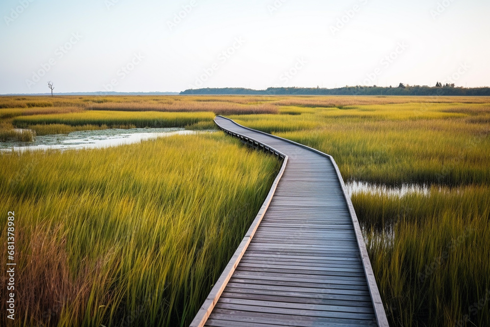 invites viewer to stroll along boardwalk through coastal marsh ...